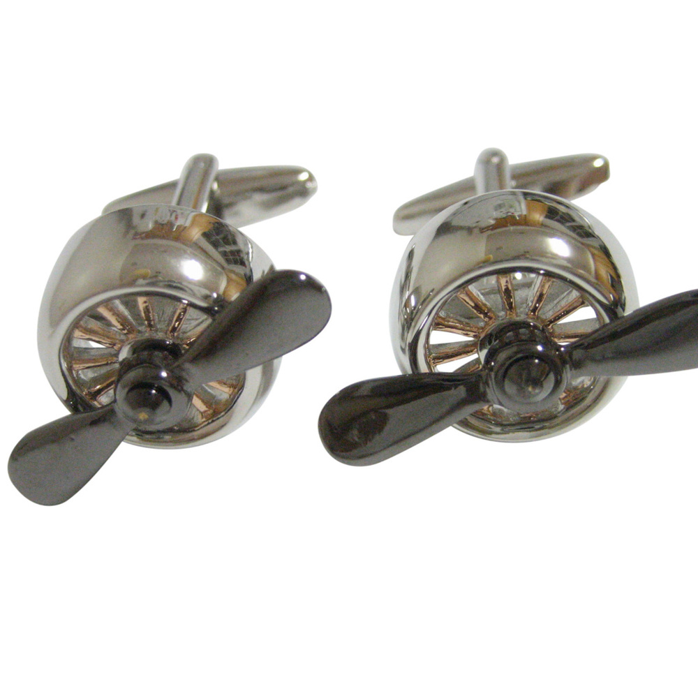 Black And Silver Toned Plane Propeller Cufflinks - Gem